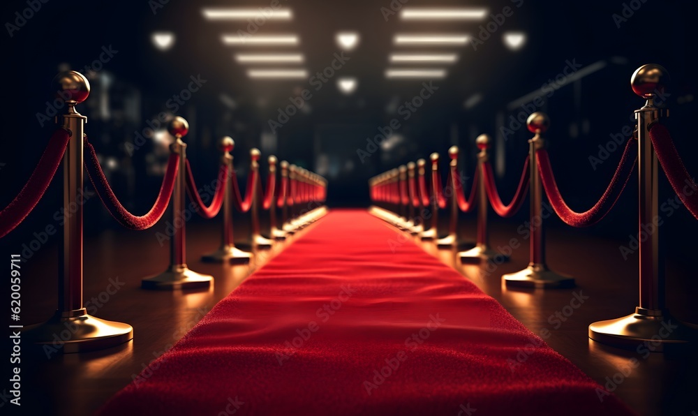 Red Carpet hallway with barriers and red ropes, Generative Ai Stock ...