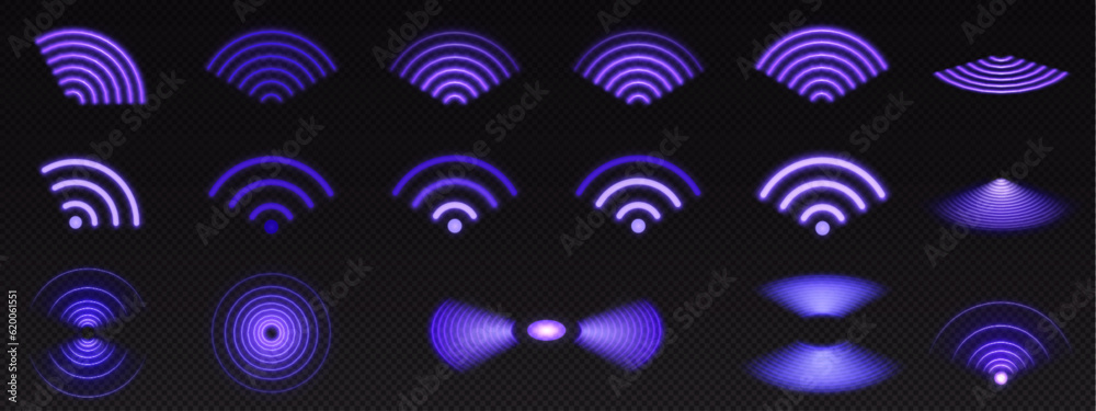 Realistic set of purple radio wave signal signs isolated on transparent ...