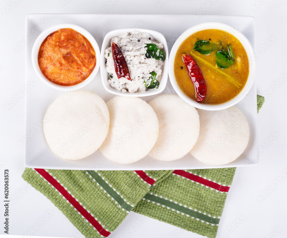 Famous south Indian food idli with sambar and chutney Stock Photo ...