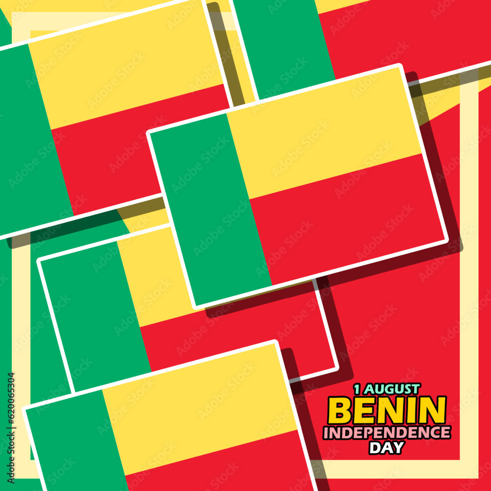 Stack of Benin flags with bold text and frame to commemorate Benin ...