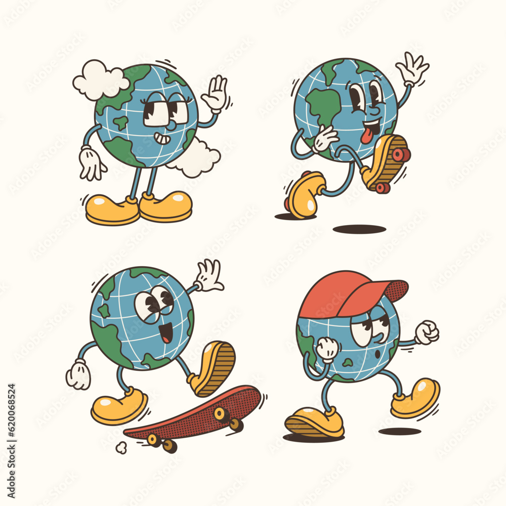 Set of Traditional Cartoon globe earth planet Illustration with a ...