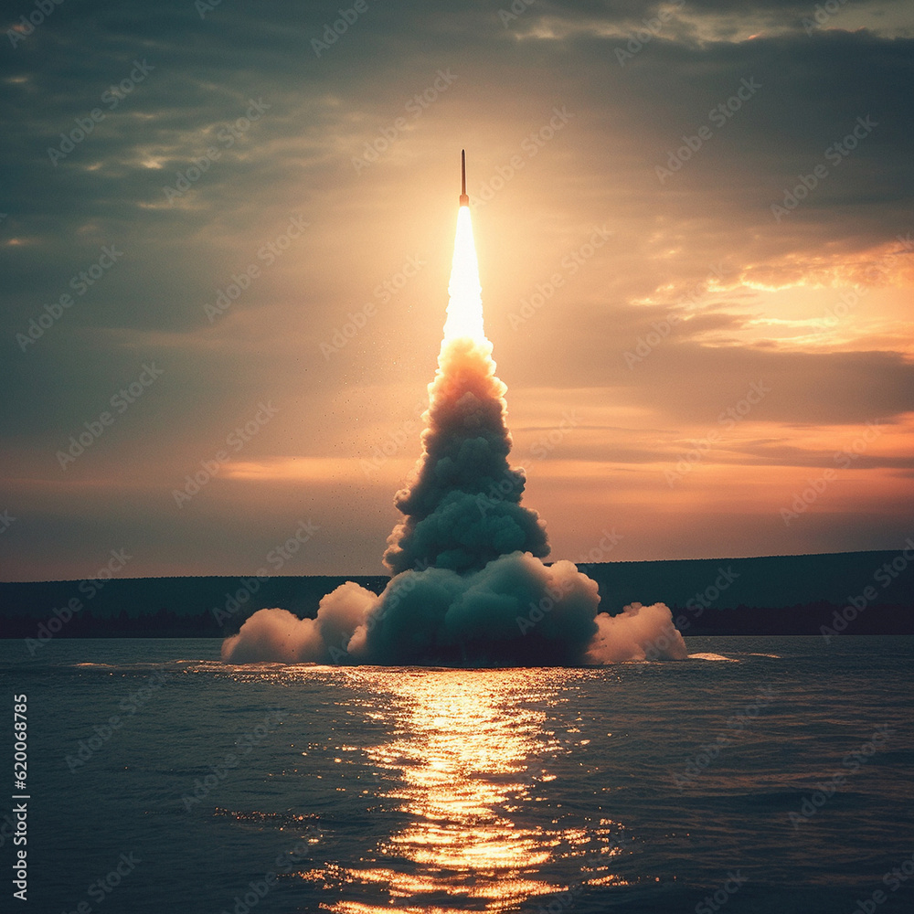 Ship or rocket missile launch in military or sea war. Ai generated army ...