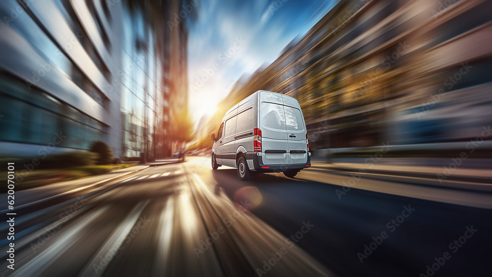Ilustração do Stock: fast vans driving in the big, modern city ...