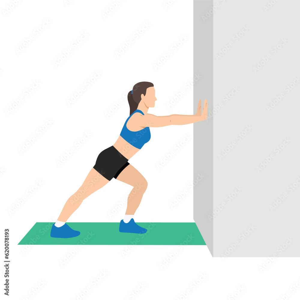 Woman doing straight leg calf stretch exercise. Flat vector ...