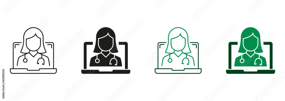 Online Remote Doctor Health Care Black and Color Pictogram. Virtual ...