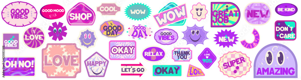 Y2k sticker retro trendy set. 90s design sticker groovy aesthetic ...