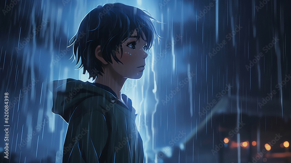 Melancholic anime boy standing in rain: captivating 4K digital ...