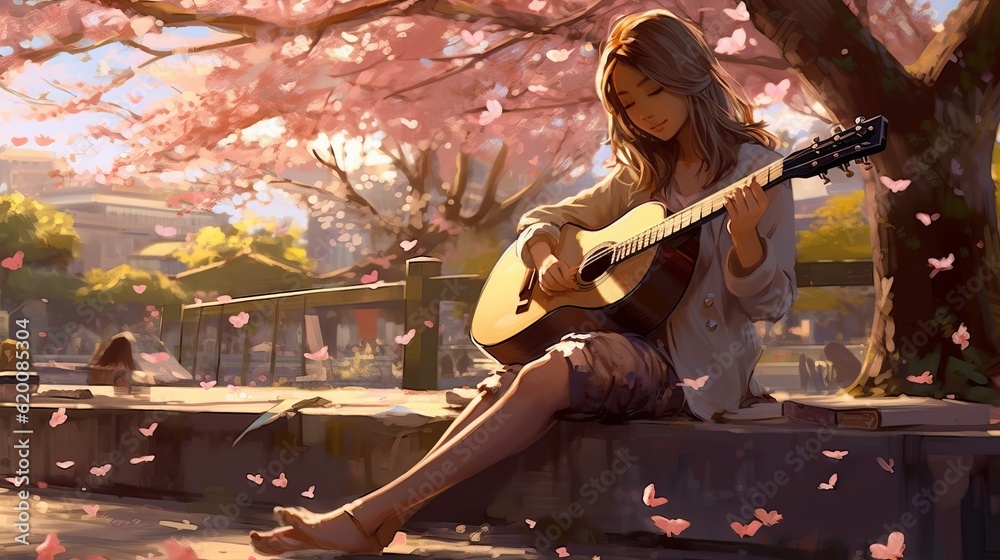 Anime girl playing guitar in sunlit cherry blossom park - Woman playing ...