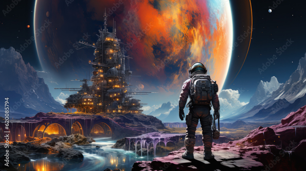 Image of an astronaut standing on the surface of an alien planet ...