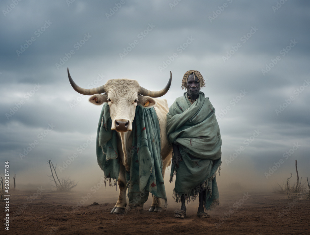 Environmental portrait of african cattle herder and his prized nguni ...