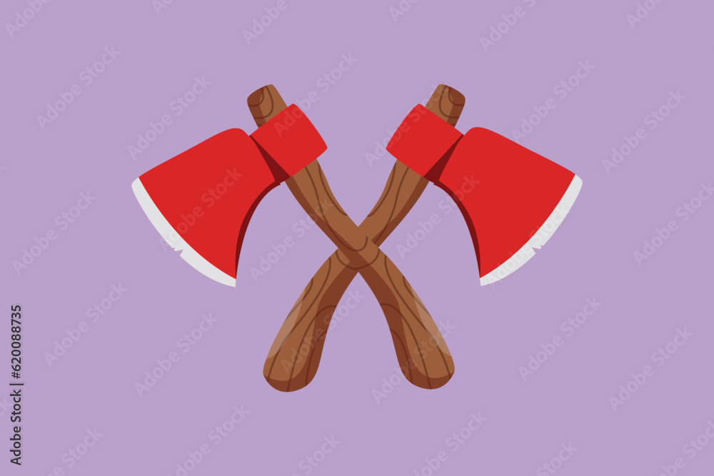 Cartoon flat style drawing two lumberjack axes crossed icon. Crossed ...