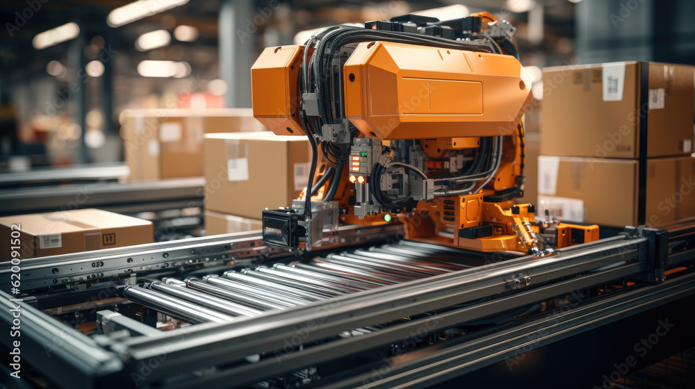 Robots sort and move boxes, packaging and sorting robot, placing items into boxes for shipping ...