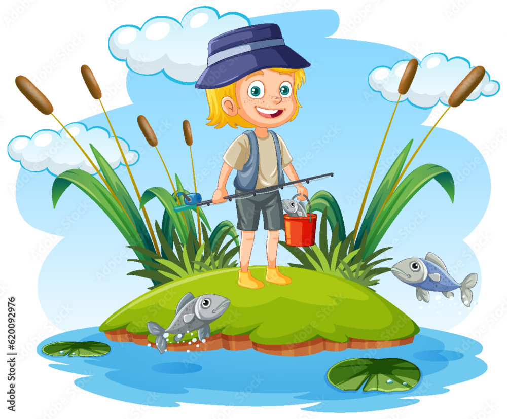 Cartoon Girl Fishing in the Pond Stock Vector | Adobe Stock