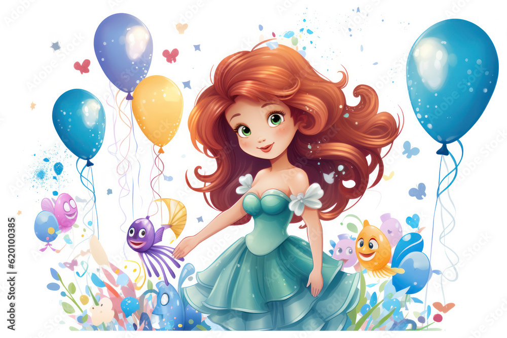Adorable and cute little mermaid interacting with marine life cartoon ...