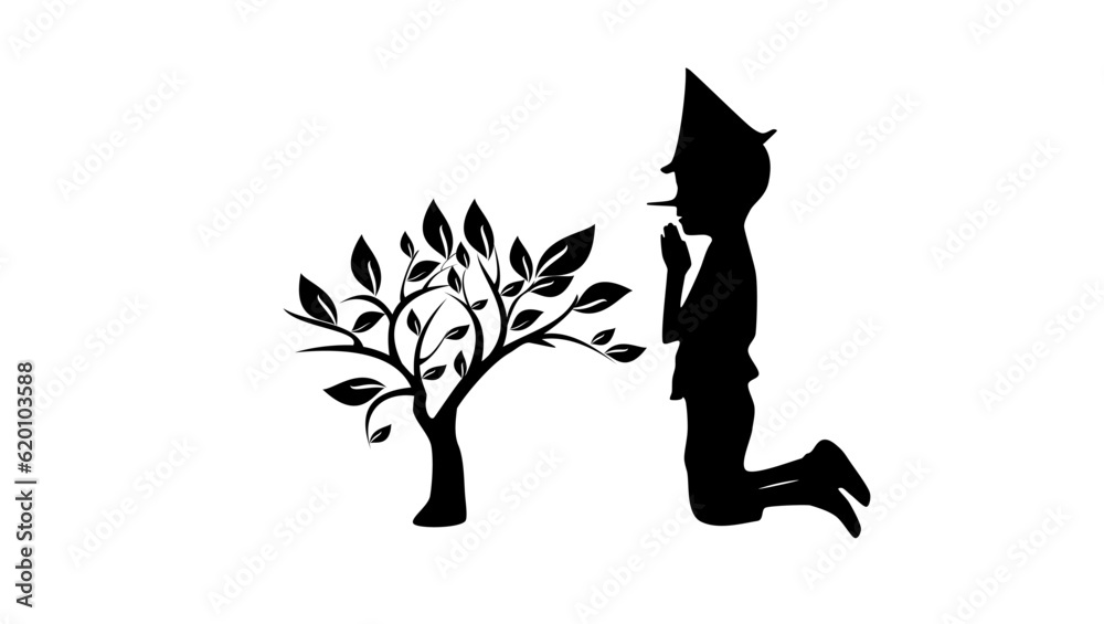 Pinocchio silhouette, Pinocchio prays by a tree waiting for a miracle ...