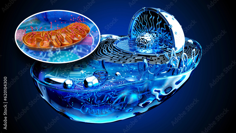 Abstract 3D illustration of the biological cell and the mitochondria ...