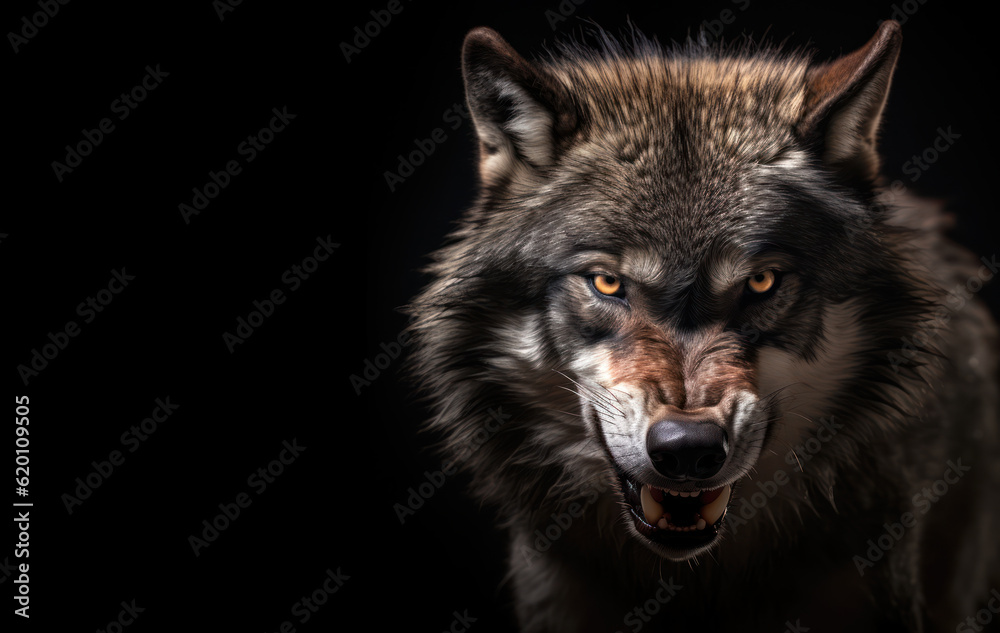 Angry grey wolf portrait on black with copy-space Stock Illustration ...