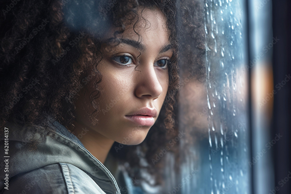 Sad depressed mixed race African American teenager woman, confused ...