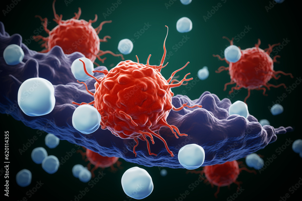 Depicting cancerous cells invading and attacking healthy brain tissue ...