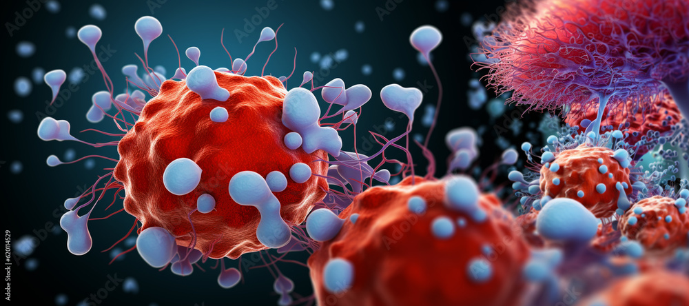 Depicting cancerous cells invading and attacking healthy brain tissue ...