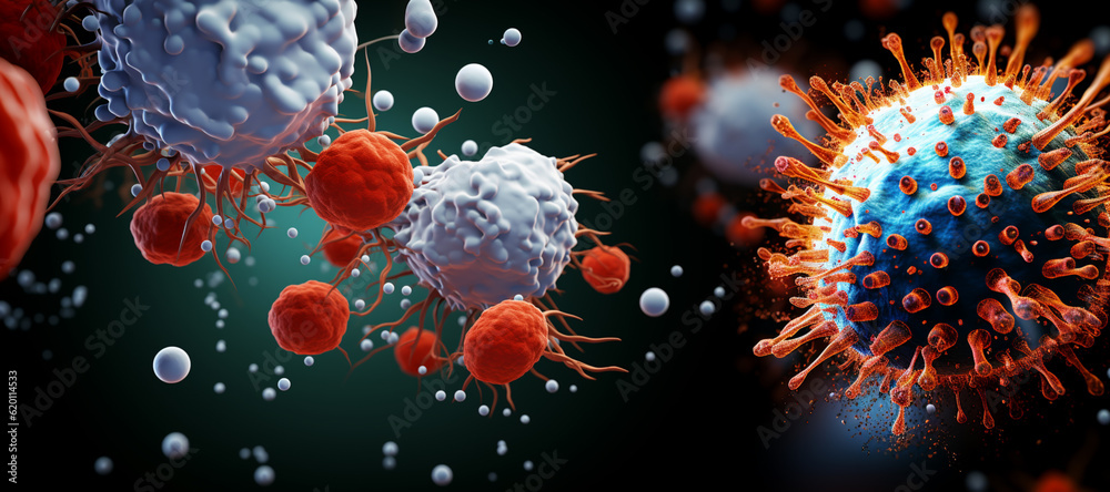 Depicting cancerous cells invading and attacking healthy brain tissue ...