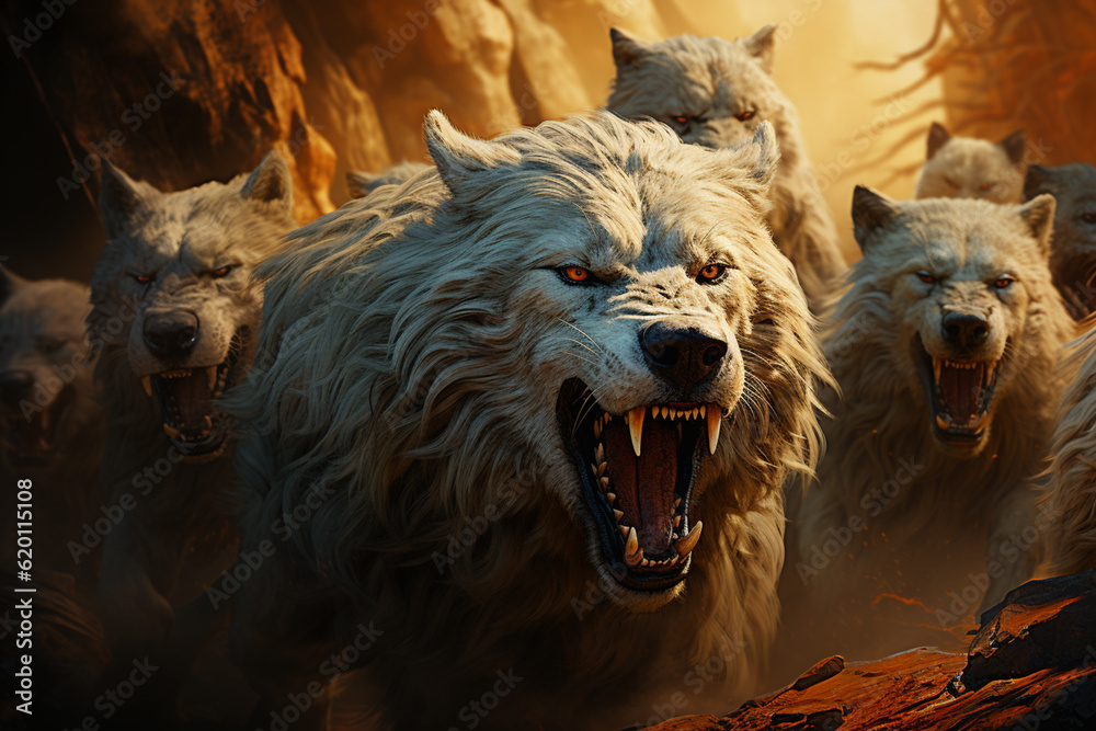 He playful interaction between a group of Dire Wolf, showcasing their ...