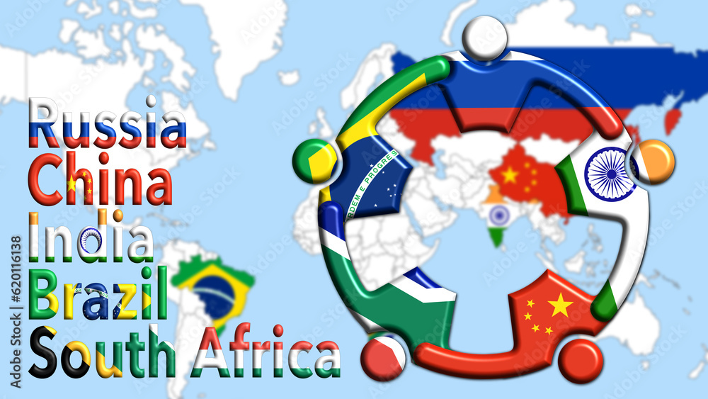 Russia, China, India, Brazil and South Africa, five stylized men ...