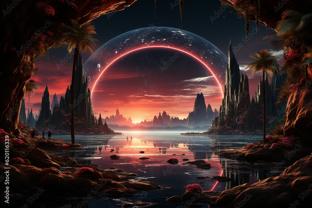 Beautiful abstract surreal landscape palm tree and space portal collage ...