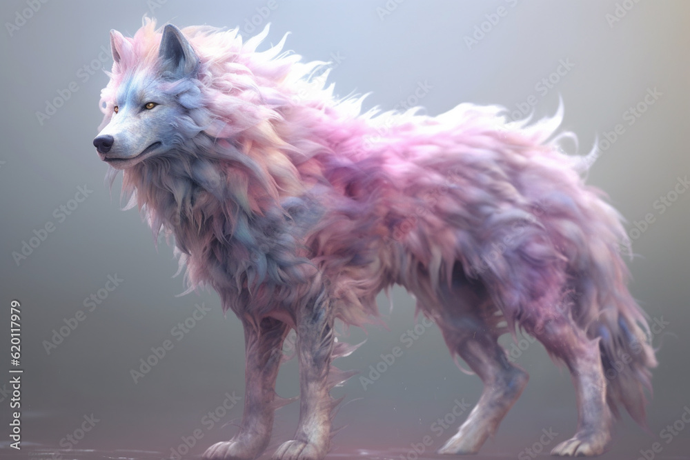 A pastel-colored Dire Wolf with a majestic mane, rendered in soft hues ...
