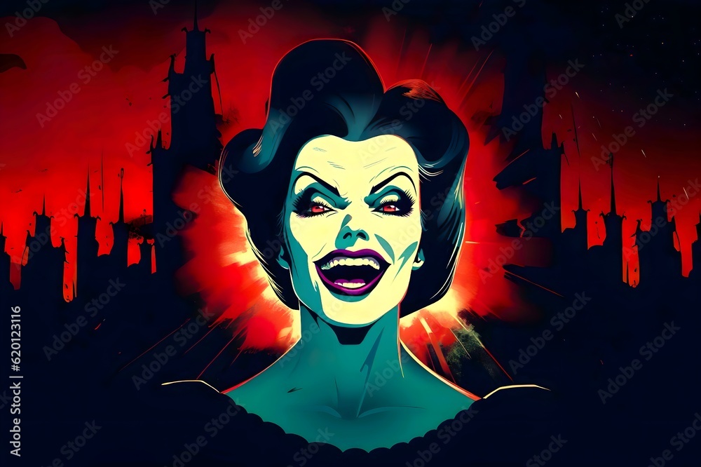 Charming Vampire Woman - Retro Comic Style - Halloween Background with ...