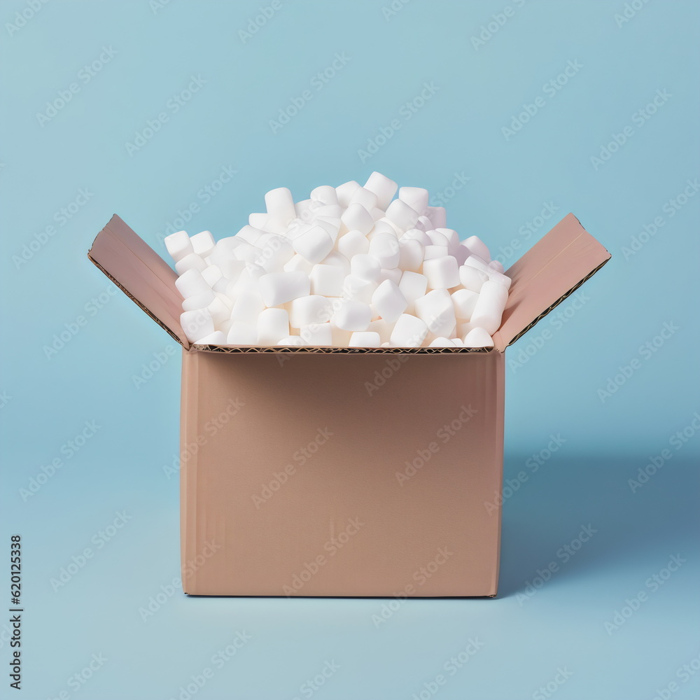 cardboard box full of packing peanuts front angle isolated on plain ...