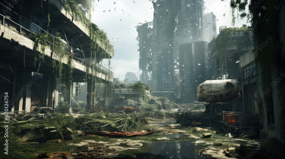 Depict the remnants of a once - thriving city now in decay, with ...