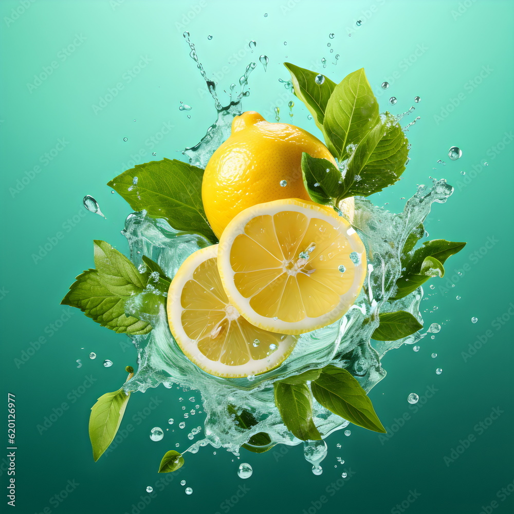 juicy lemons and mint leaves in taste splash explosion isolated on ...
