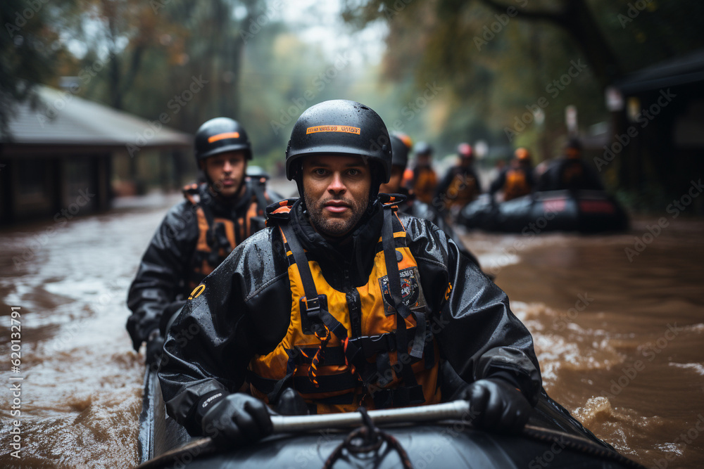 Swift water rescue team saving people trapped in floodwaters, Rescue ...