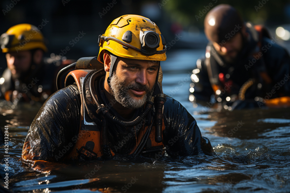 Rescue divers retrieving a person from a submerged vehicle, Rescue ...