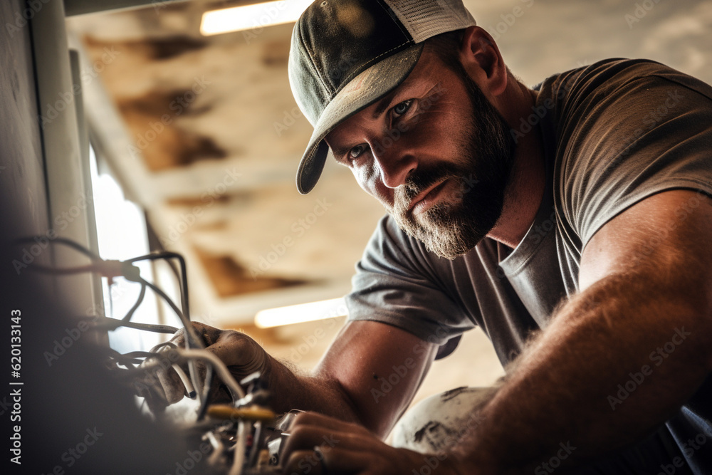 A portrait of a construction worker installing electrical wiring ...
