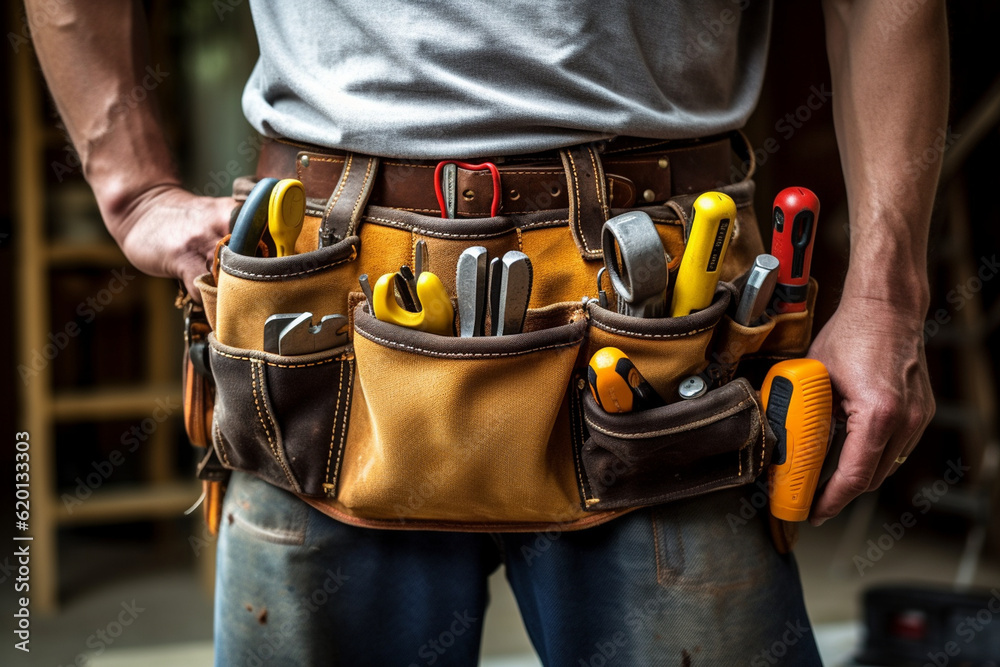 A portrait of a construction worker wearing a tool belt, with various ...