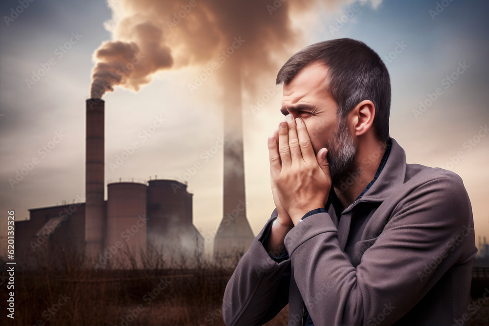 man covering his mouth in front of a factory with air polution Stock ...