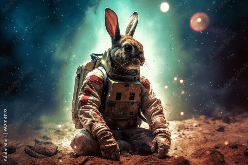 Illustration of a cute rabbit wearing a space suit sitting on the ...