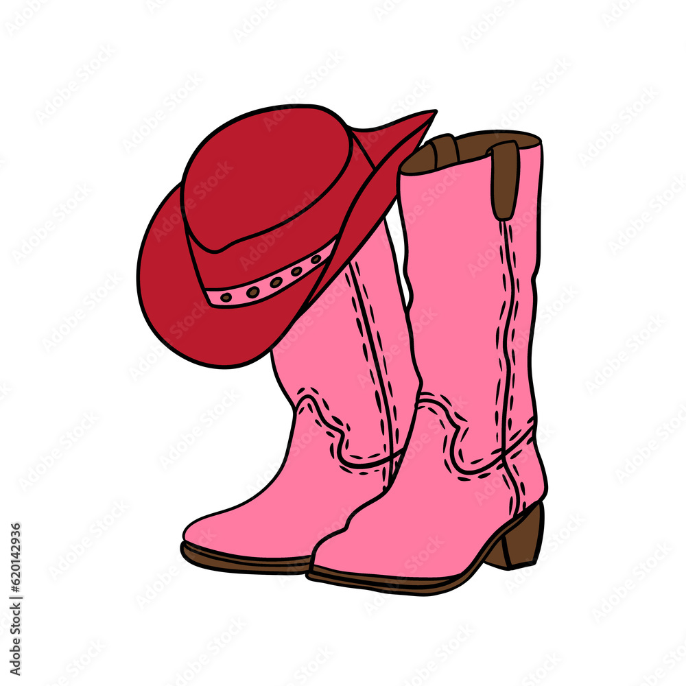 Hand drawn illustration of pink cowboy cowgirl boots red hat in western ...