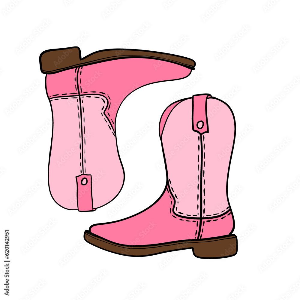 Hand drawn illustration of pink cowboy cowgirl boots in western ...
