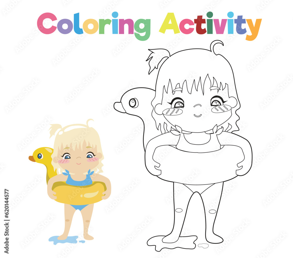 Simple colouring page with summer theme. Blonde little girl swimming ...