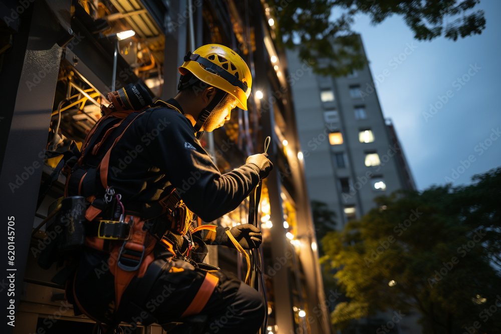 Emergency response team performing a high-angle rescue from a tall ...