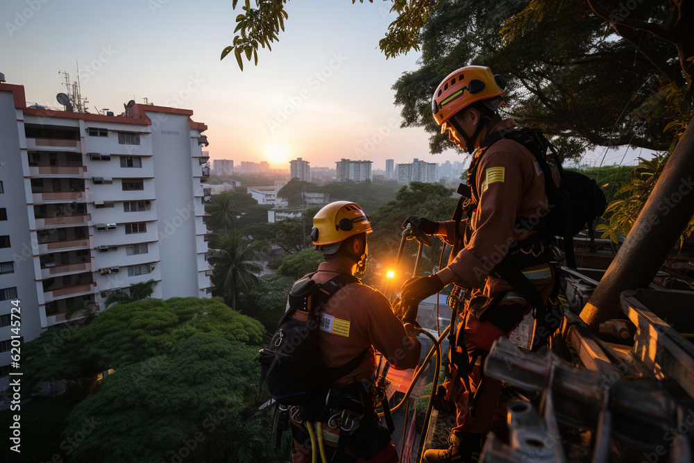 Emergency response team performing a high-angle rescue from a tall ...