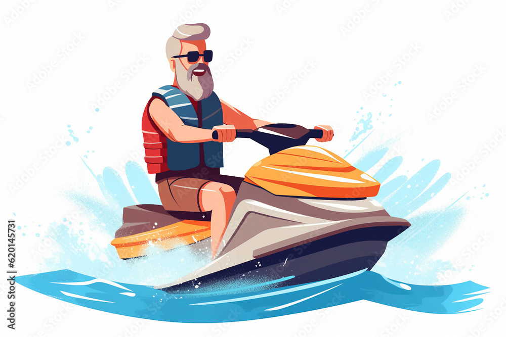 Generative AI. Man ride jetski in sea vector poster. Aquabike on ocean ...