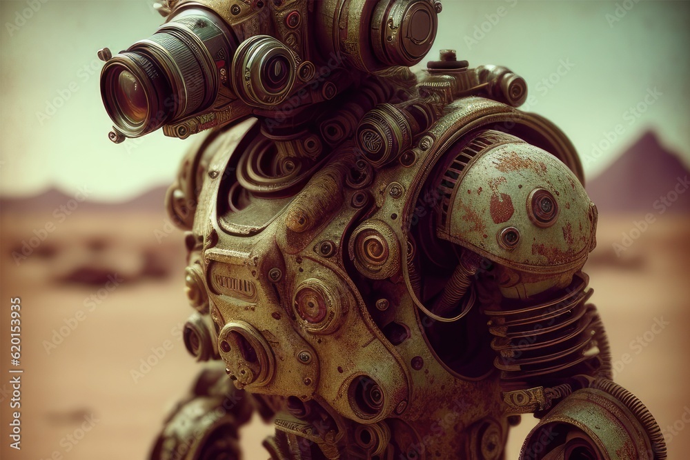 apocalypse broken ruined scrap robot gray sky destroy planet background ...