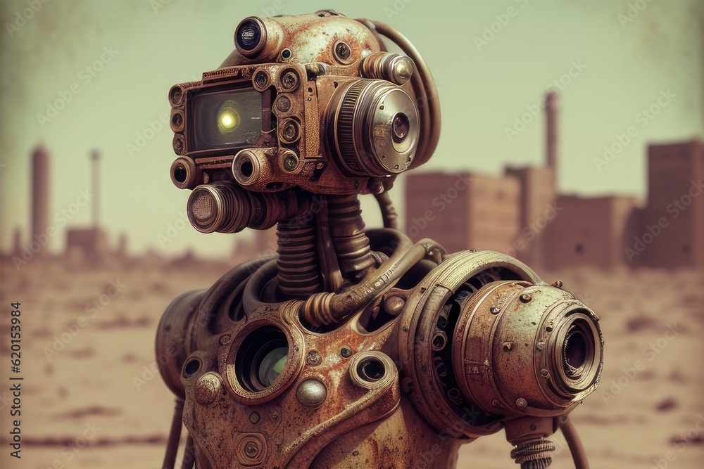 apocalypse broken ruined scrap robot gray sky destroy planet background ...