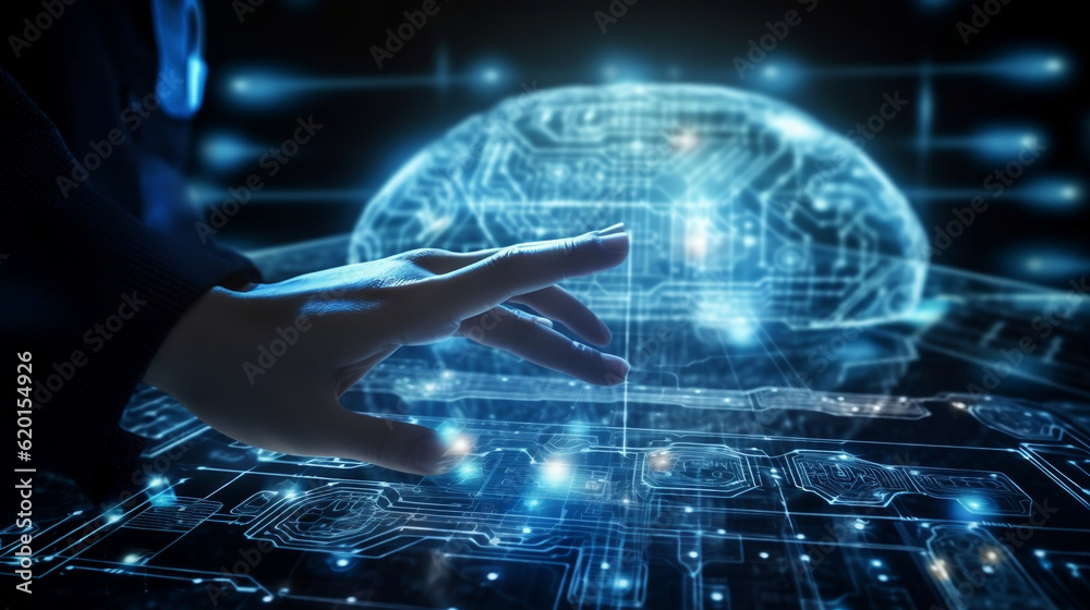 Artificial intelligence and Automated machine learning language blue digital user interface with ...