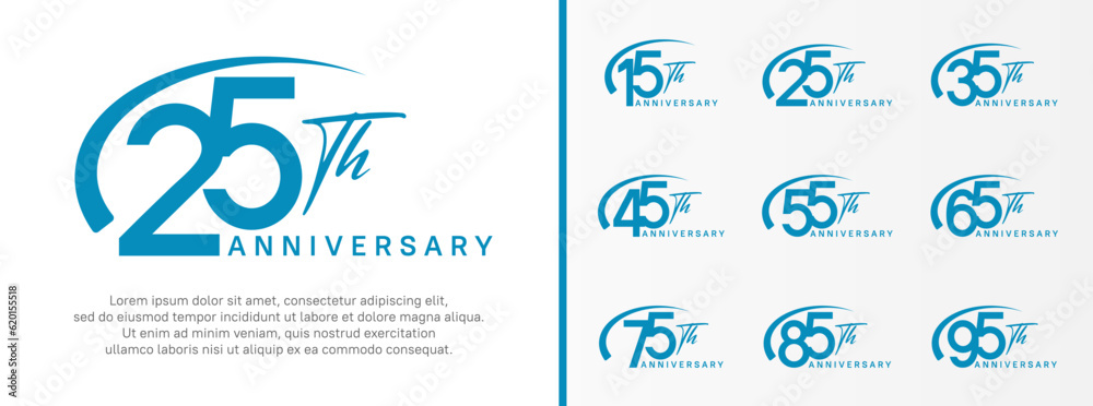 set of anniversary logo blue color number and swoosh on white ...