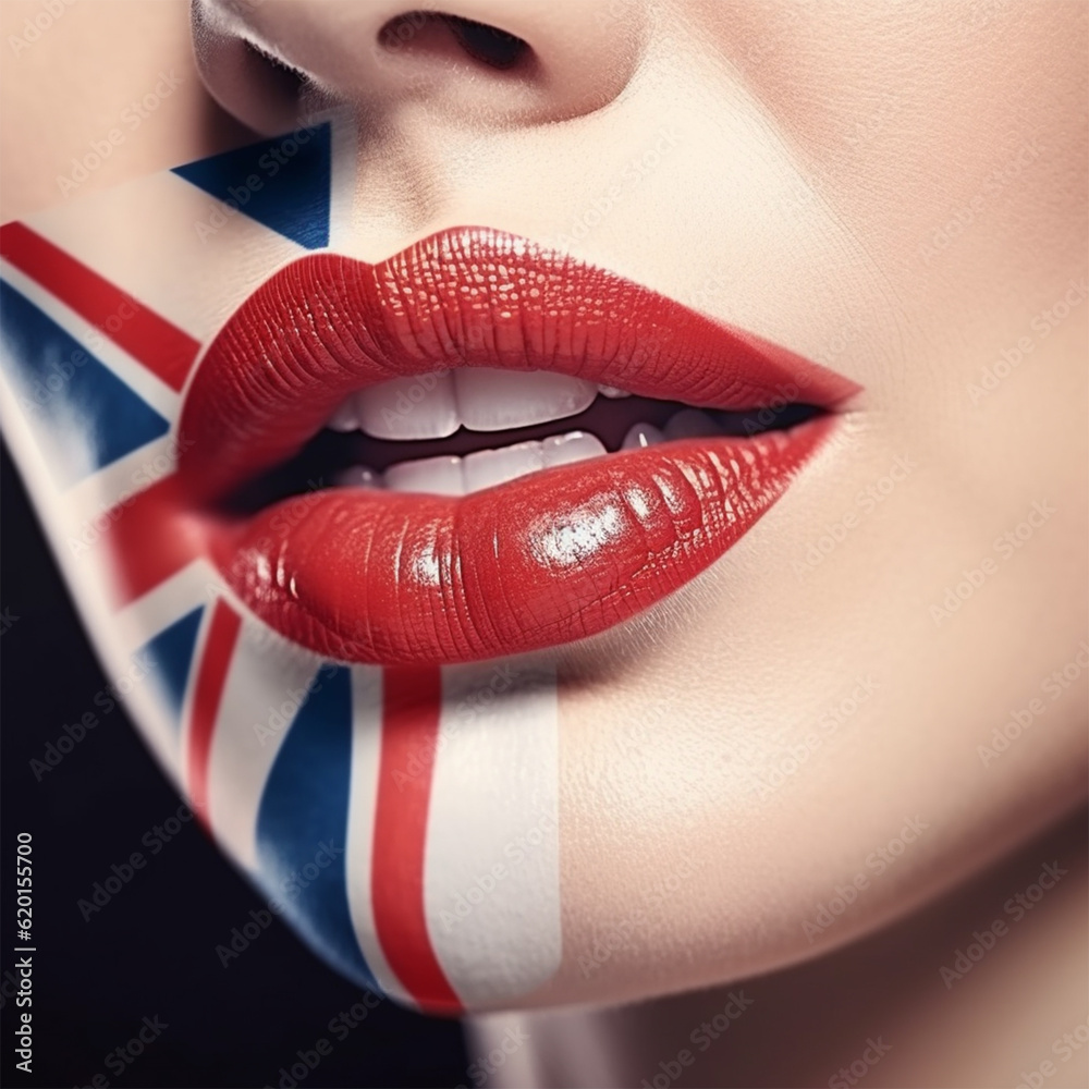 Beautiful female lips painted in the colors of the English flag on a ...
